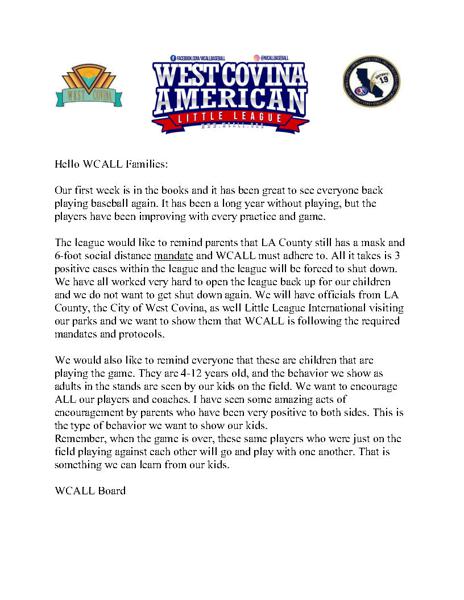 Letter to Coaches and Parents