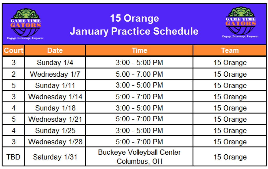 JANUARY PRACTICE SCHEDULE